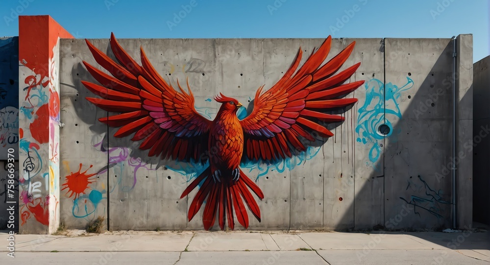 Rugged concrete walls with artistic abstract red phoenix bird grafitti ...