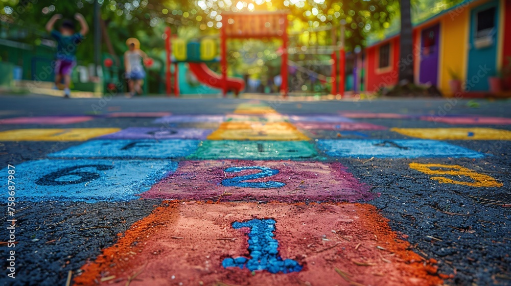 Poster Children playing a jumping game on an asphalt surface with chalk ...