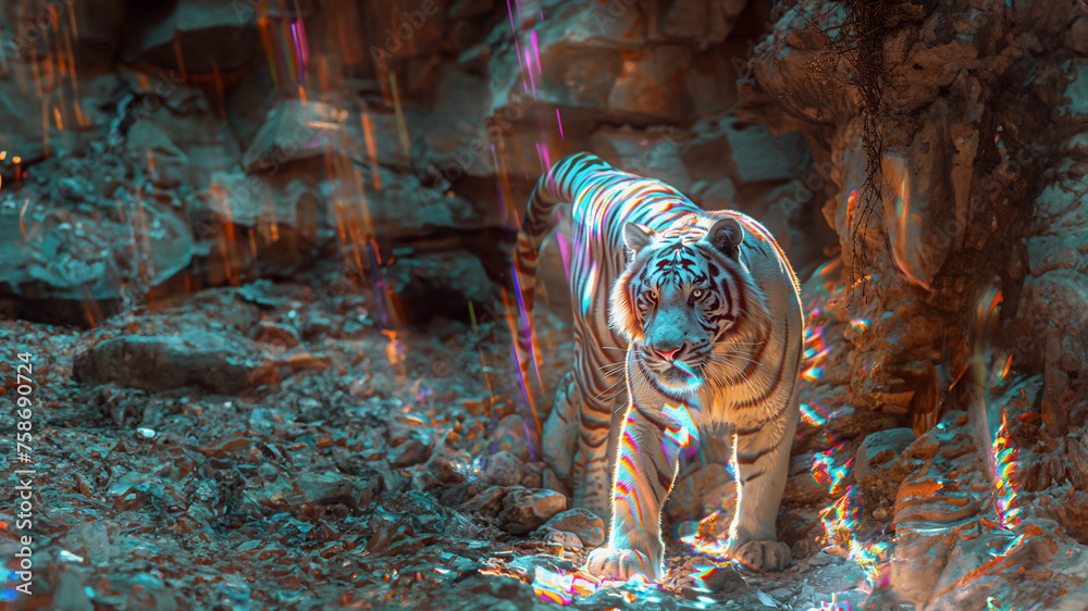 A white tiger stands boldly amidst psychedelic light show in a cave ...