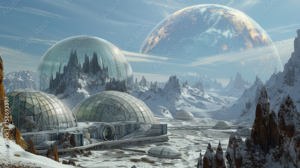 Futuristic alien landscape with domed habitats, a vast mountain range ...