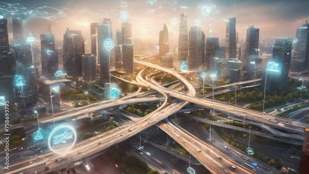 A dynamic aerial view of a smart city infrastructure, featuring ...