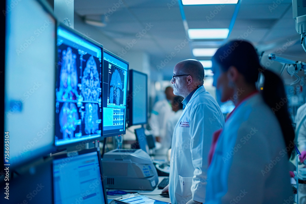 Medical team of diverse professionals reviewing MRI brain scans on high ...