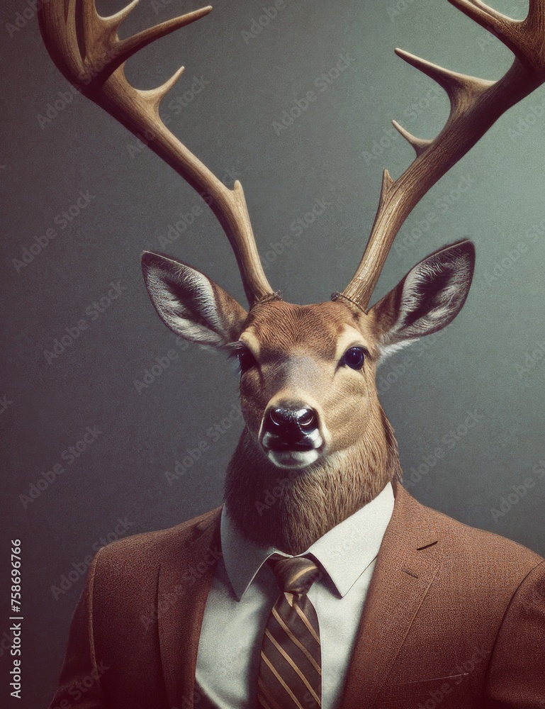 Stag in a suit holding a beer in a moody setting. An anthropomorphic ...