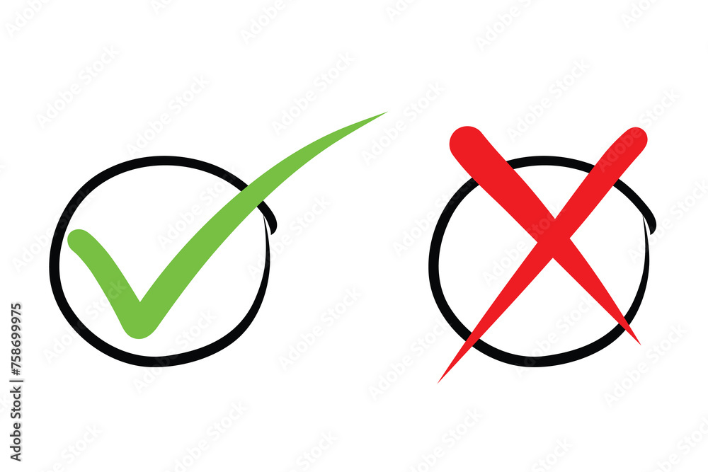 Hand drawn tick and x icons set. Stylish check mark icon set in green ...