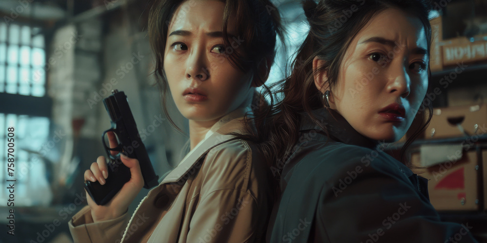 Two asian policewomen detective arriving on a crime scene in flagrante ...