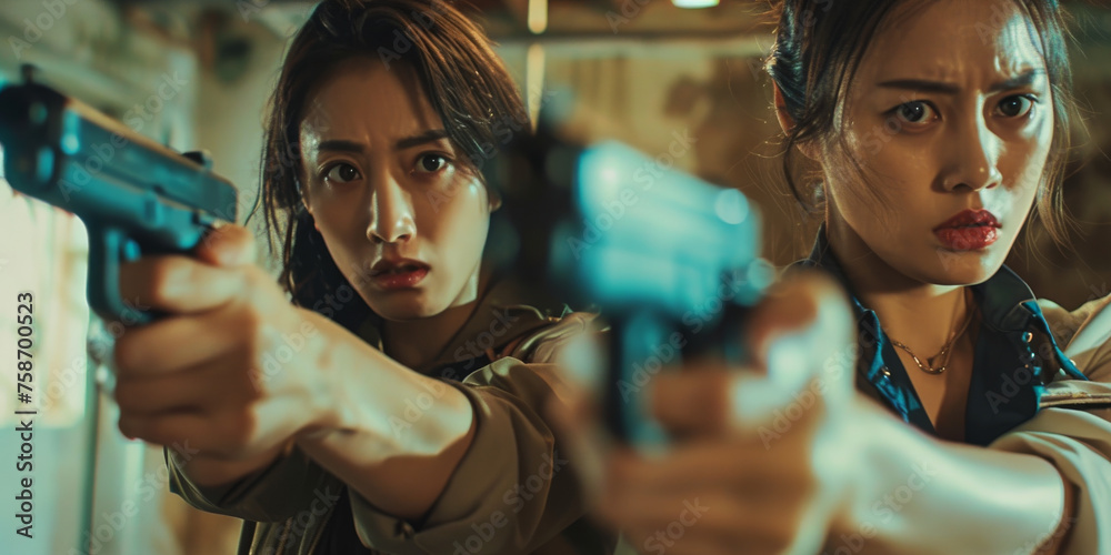 Two asian policewomen detective arriving on a crime scene in flagrante ...
