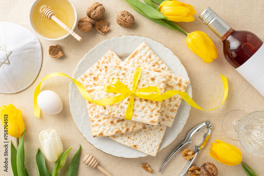 Seder night layout idea: Overhead shot featuring ribbon-tied matzo ...