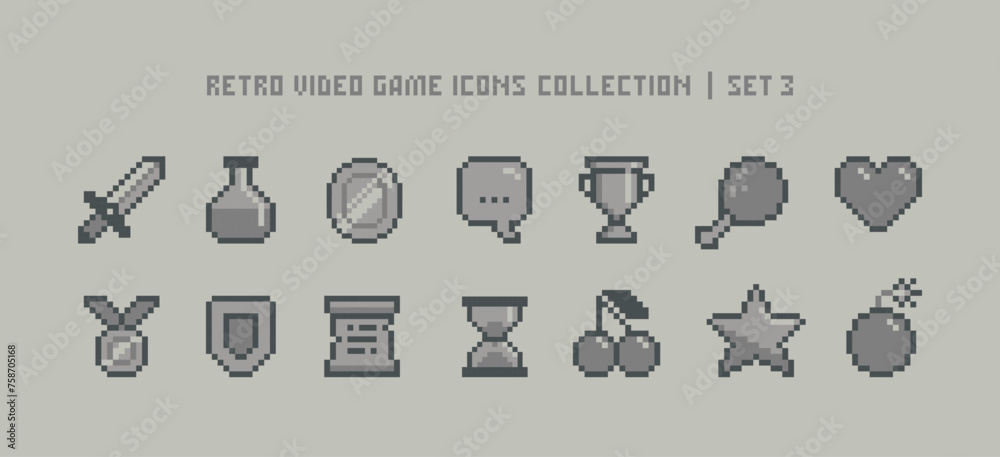 Vector Retro Pixel Game icons set of diamond, weapon, rewards, heart ...