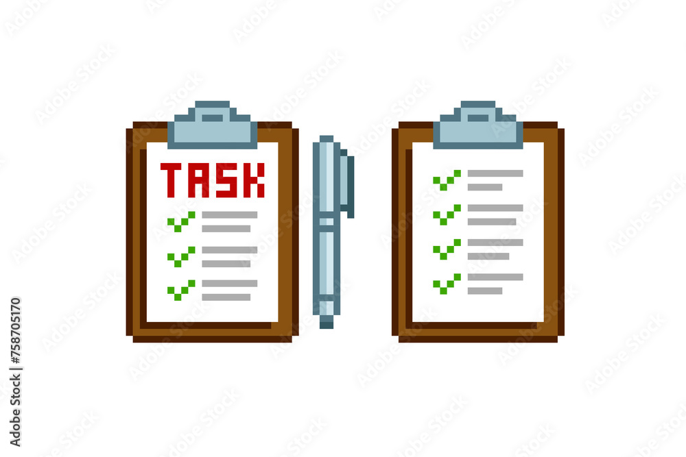 Retro Pixel Note Task List isolated vector icon set. Checklist data in ...