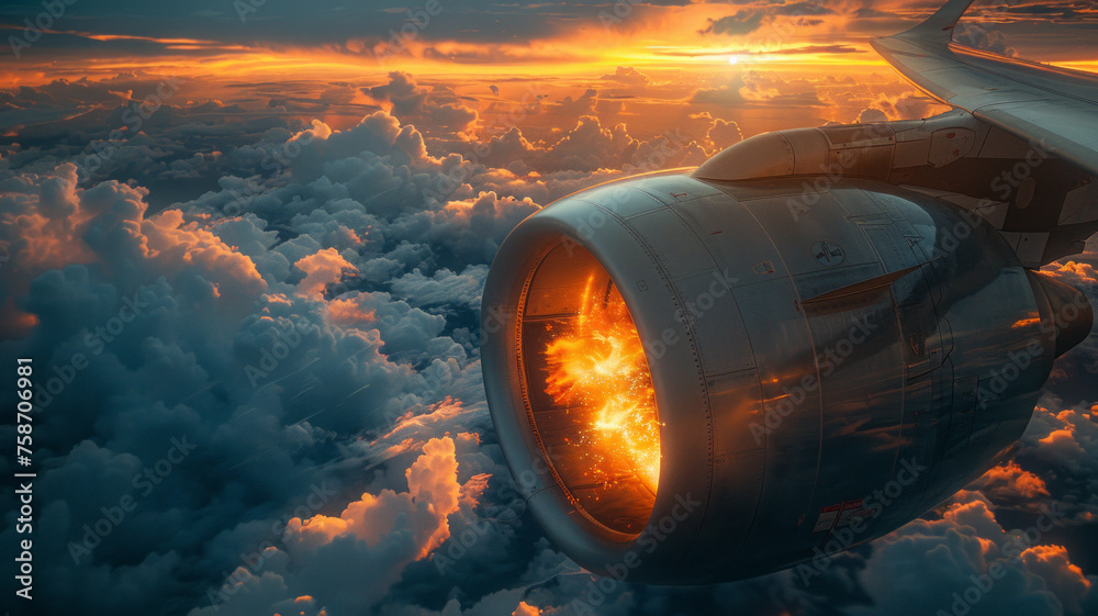 Fire burning in Jet engine of large aircraft while flying in the sky ...