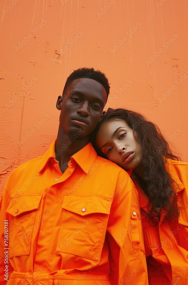 Portrait in Vibrant Orange, striking couple stands closely, clad in vibrant orange attire ...