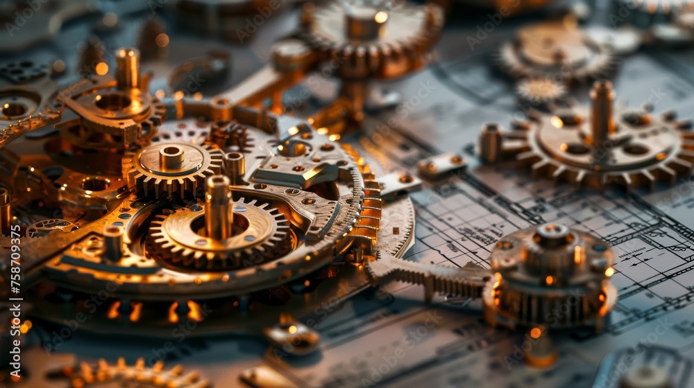 This image captures an intricate arrangement of gears and machine parts ...