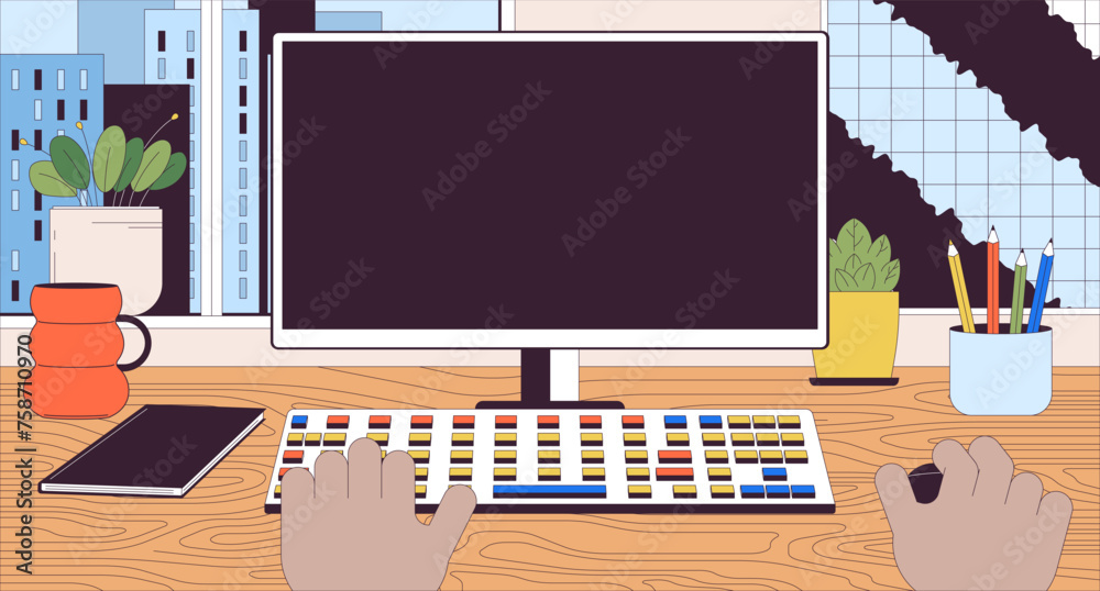 Black man working on computer 2D linear illustration concept. Blank ...