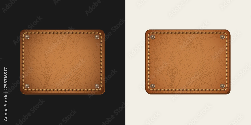 Leather empty belt label with stitching, rivets. Detailed textured ...