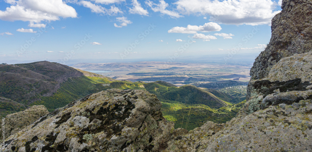 Landscape view from the ruins of Kojori fortress. Bright blue sky and ...