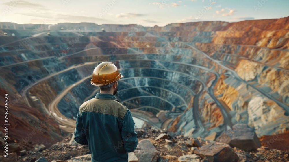 Surveying the copper mine, man in hard hat oversees operations at open pit - ensuring safety and ...
