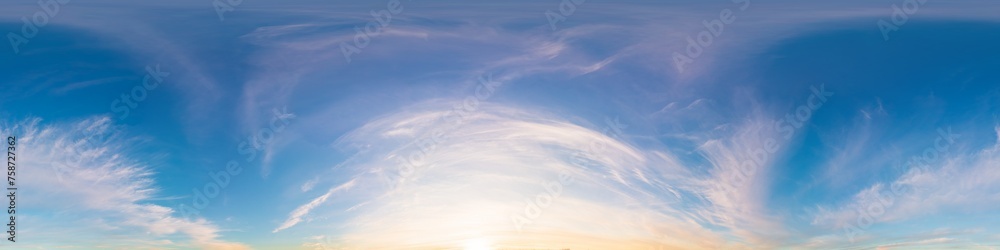 360 panorama of glowing sunset sky with bright Cirrus clouds. Seamless ...
