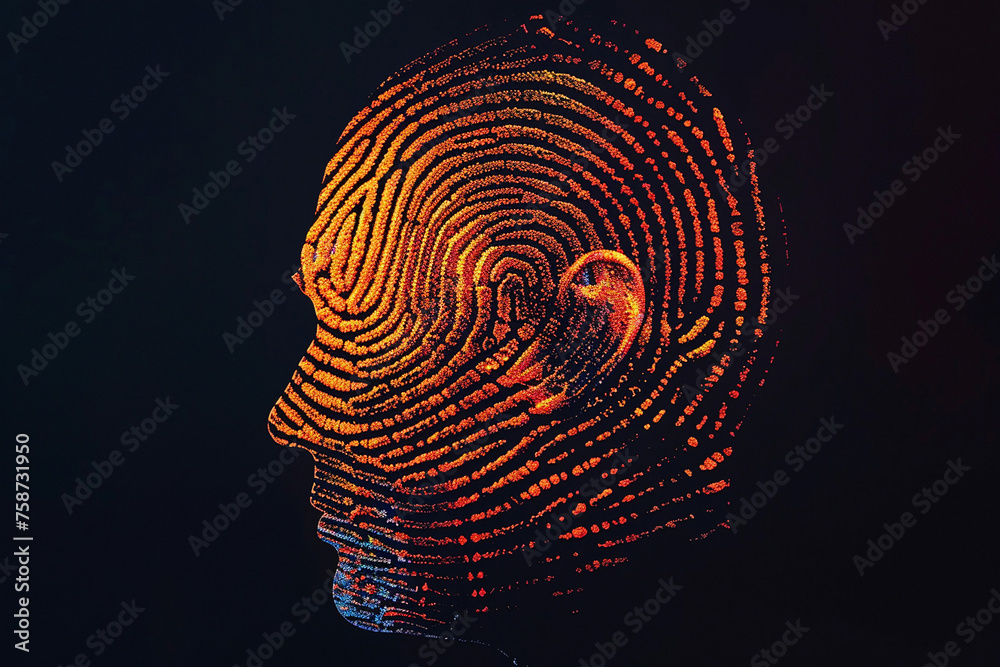 silhouette of front facing human head made out of a fingerprint, print ...