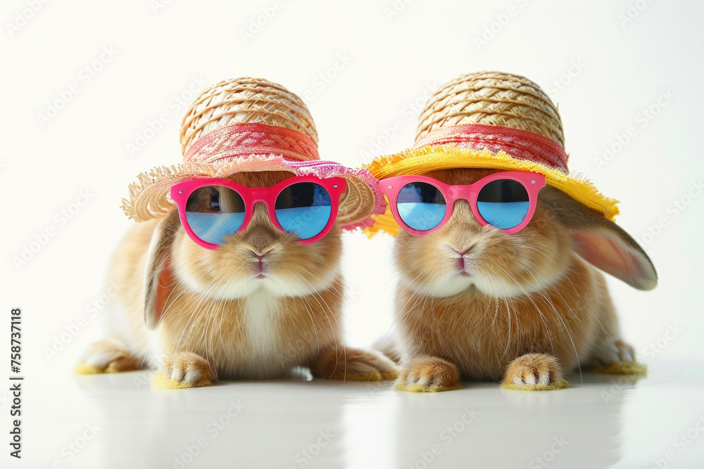 two rabbits wearing sunglasses and hats are. fun and playful mood, as ...