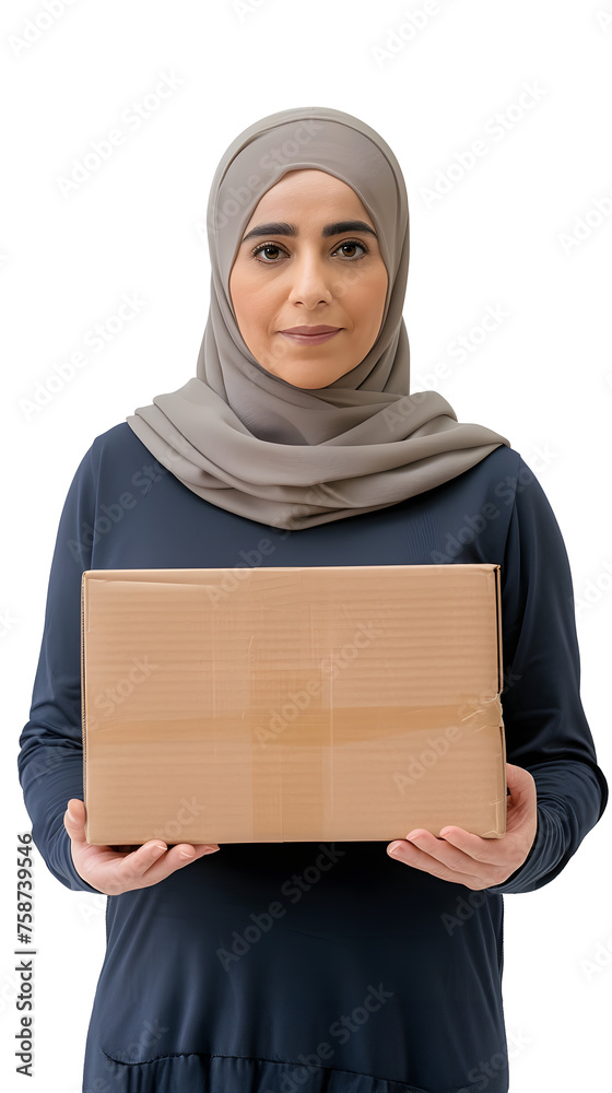 muslim woman in traditional religious hijab holding an cardboard box ...
