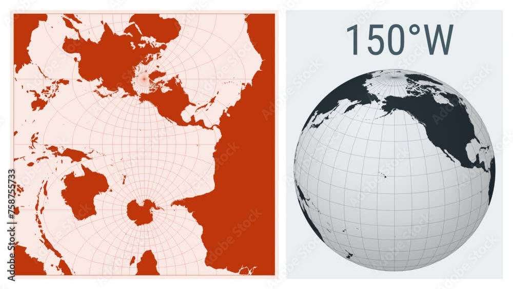 World Map Animation. Transverse spherical Mercator projection. Solid ...