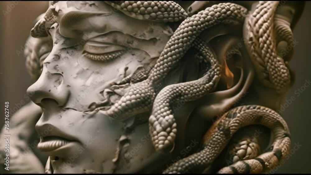 Medusa Gorgon, a stone-headed monster with a woman's face and snakes ...
