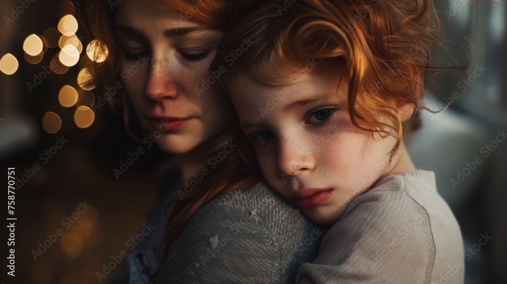 A woman standing, cradling a young girl in her arms with a gentle ...