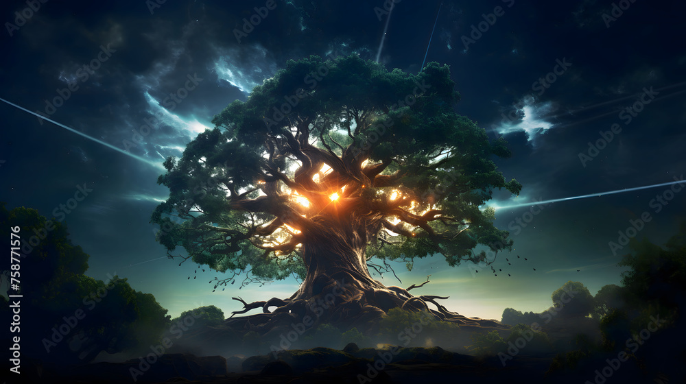 An enchanting illustration of a majestic ancient colossal tree, with ...