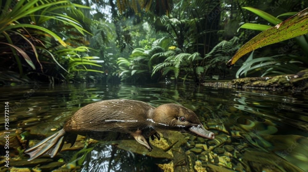 A beaver is floating on the surface of a body of water. The beaver is ...
