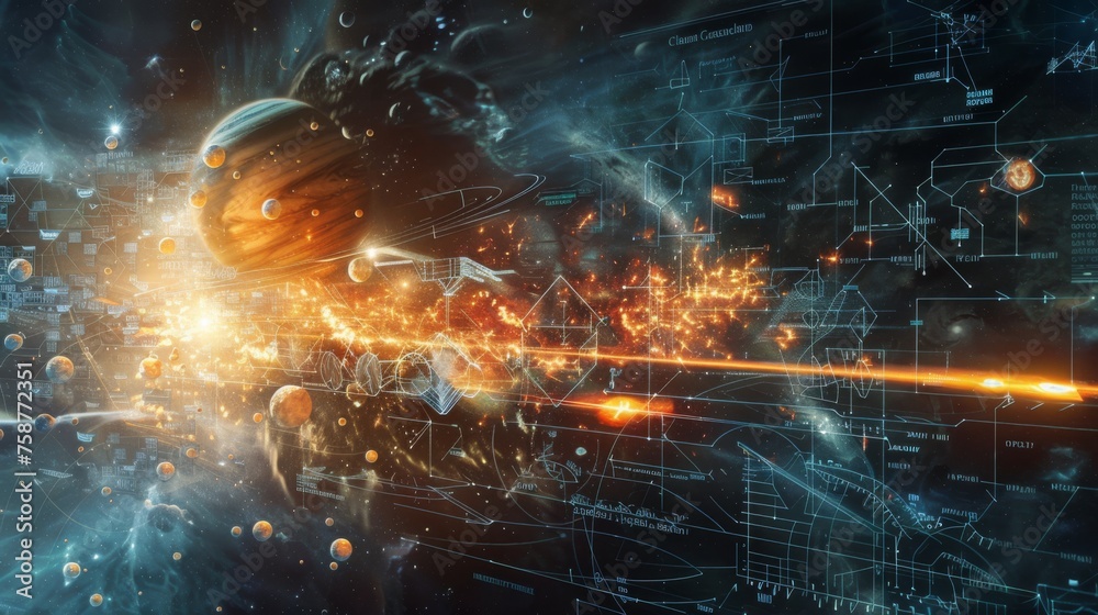 This computer-generated image depicts a detailed space station floating ...