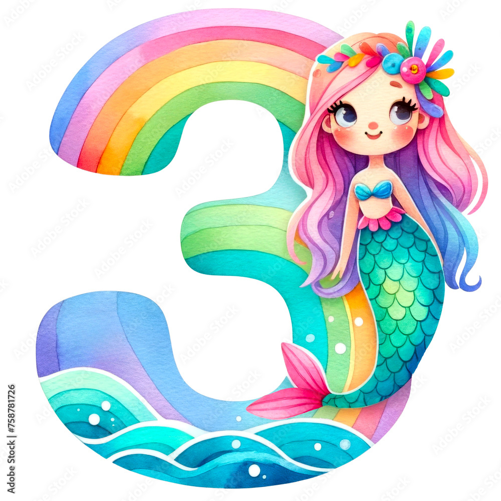 Rainbow Mermaid-Themed Alphabet and Numbers Clipart, A vibrant ...