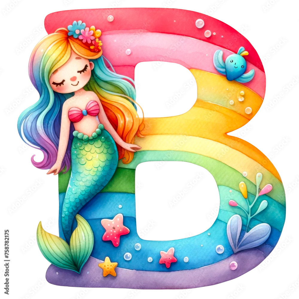 Rainbow Mermaid-Themed Alphabet and Numbers Clipart, A vibrant ...