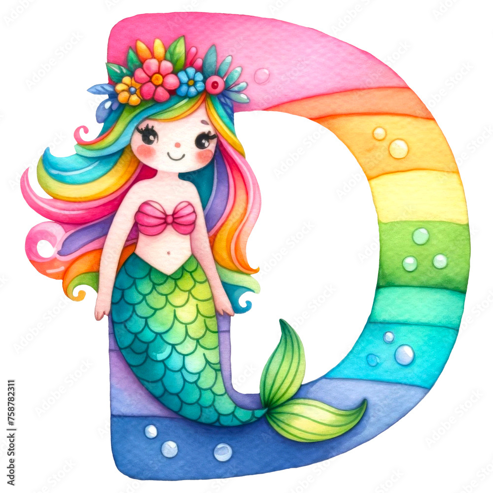 Rainbow Mermaid-Themed Alphabet and Numbers Clipart, A vibrant ...