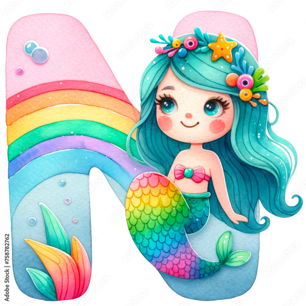 Rainbow Mermaid-Themed Alphabet and Numbers Clipart, A vibrant ...