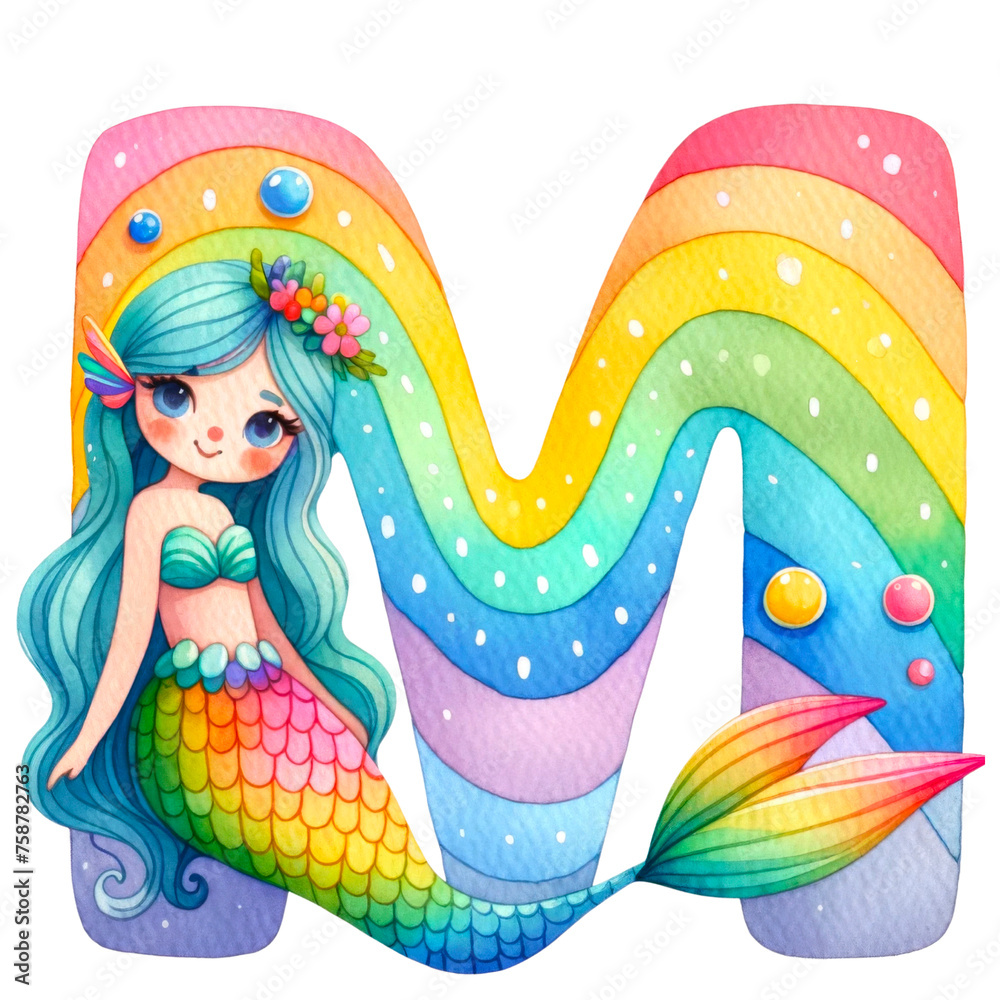 Rainbow Mermaid-Themed Alphabet and Numbers Clipart, A vibrant ...