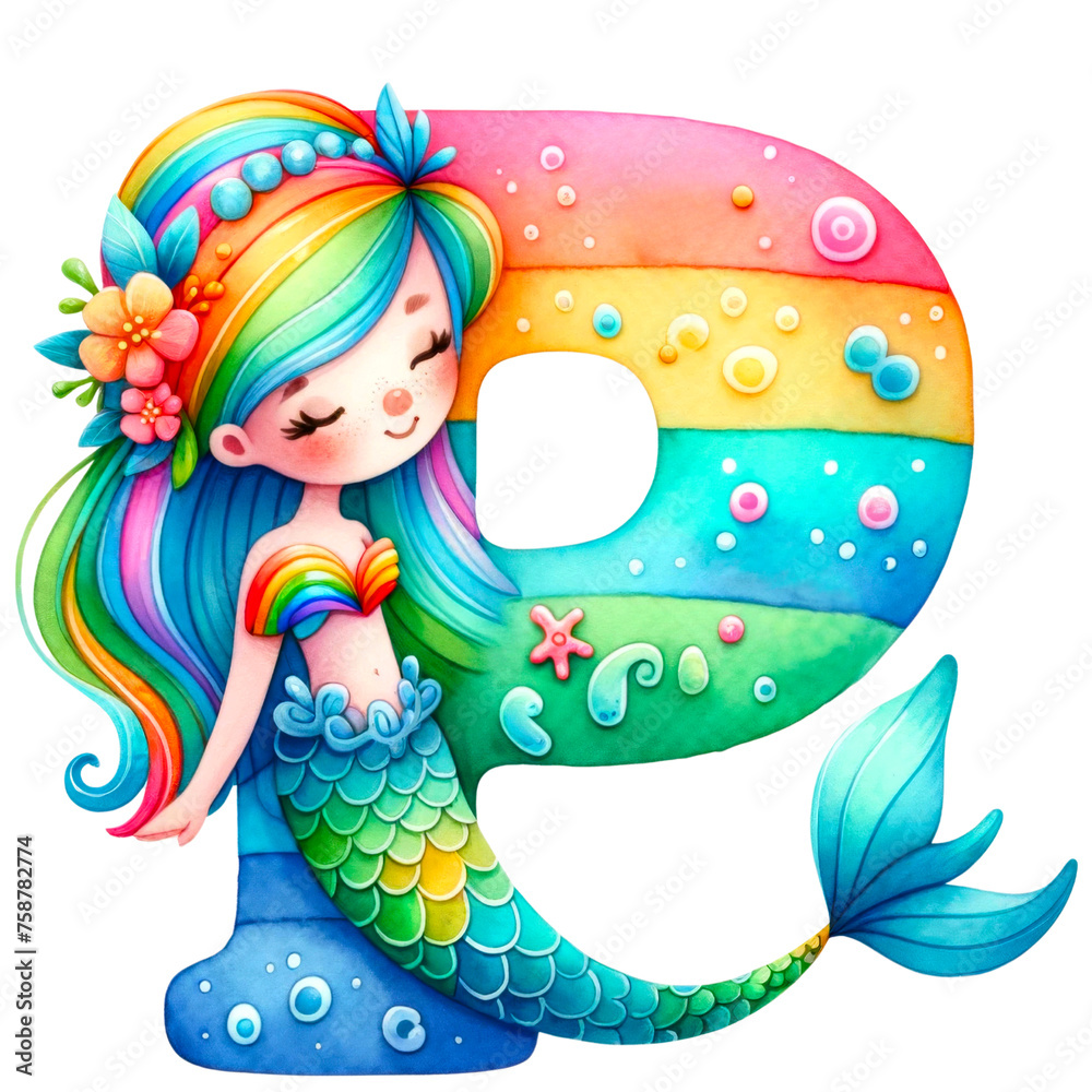 Rainbow Mermaid-Themed Alphabet and Numbers Clipart, A vibrant ...