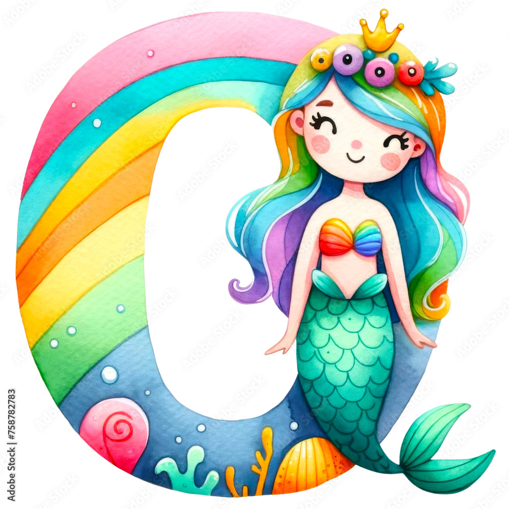 Rainbow Mermaid-Themed Alphabet and Numbers Clipart, A vibrant ...