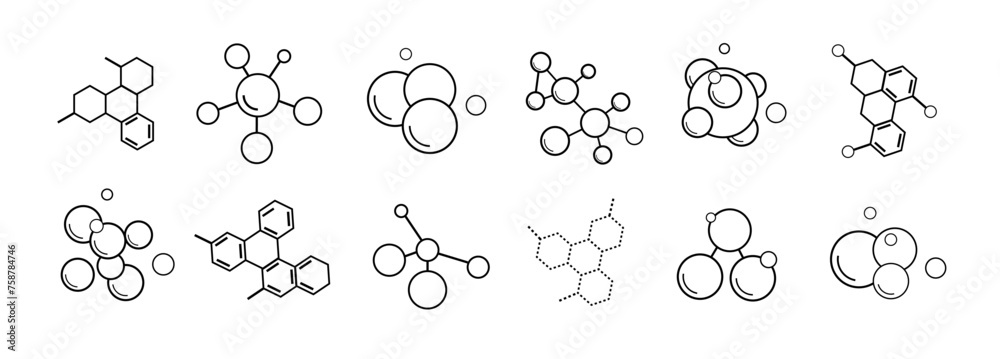 A set of twelve molecular formulas, chemical compounds on a white ...