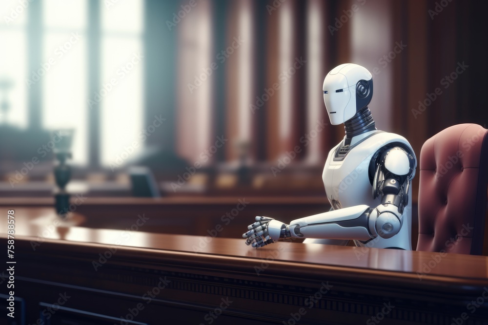 Conceptual image of an AI robot in a courtroom setting, symbolizing the ...