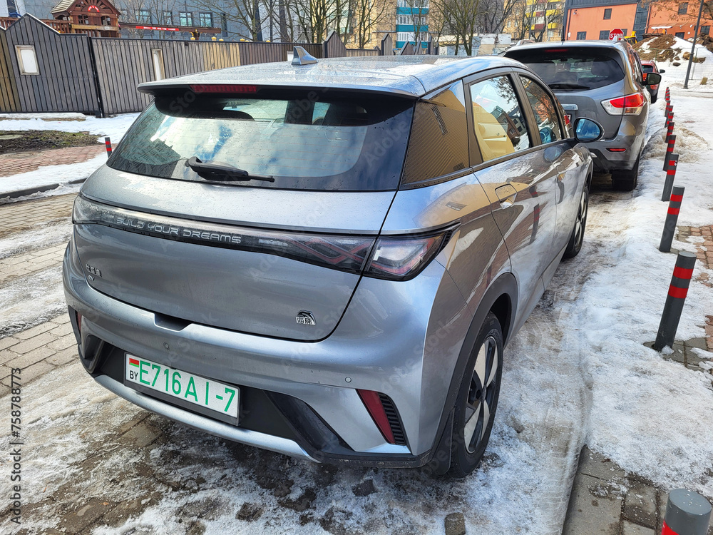 Minsk, Belarus. Jan 28. 2024. BYD Dolphin atlantis grey colour parked ...