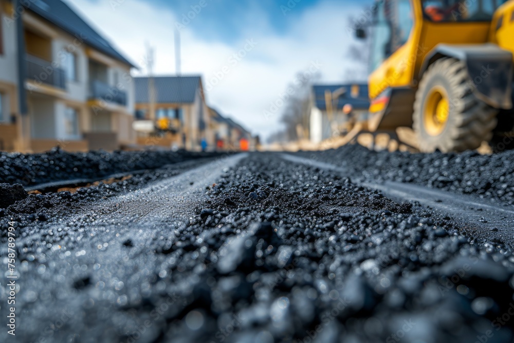 Construction site of road in residential area. Worker are laying new ...