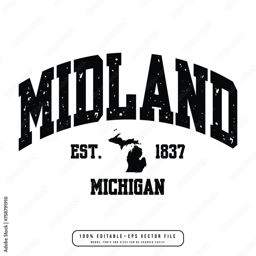 Midland text effect vector. Editable college t-shirt design printable ...
