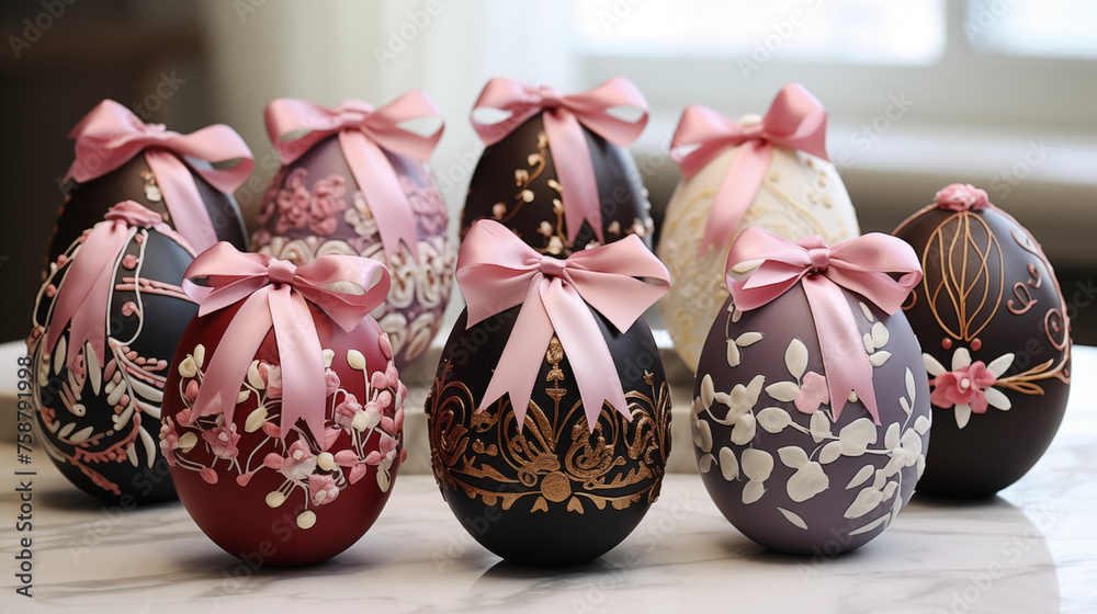 ภาพประกอบสต็อก Jolis petits oeufs en chocolat de Pâques, avec motifs ...