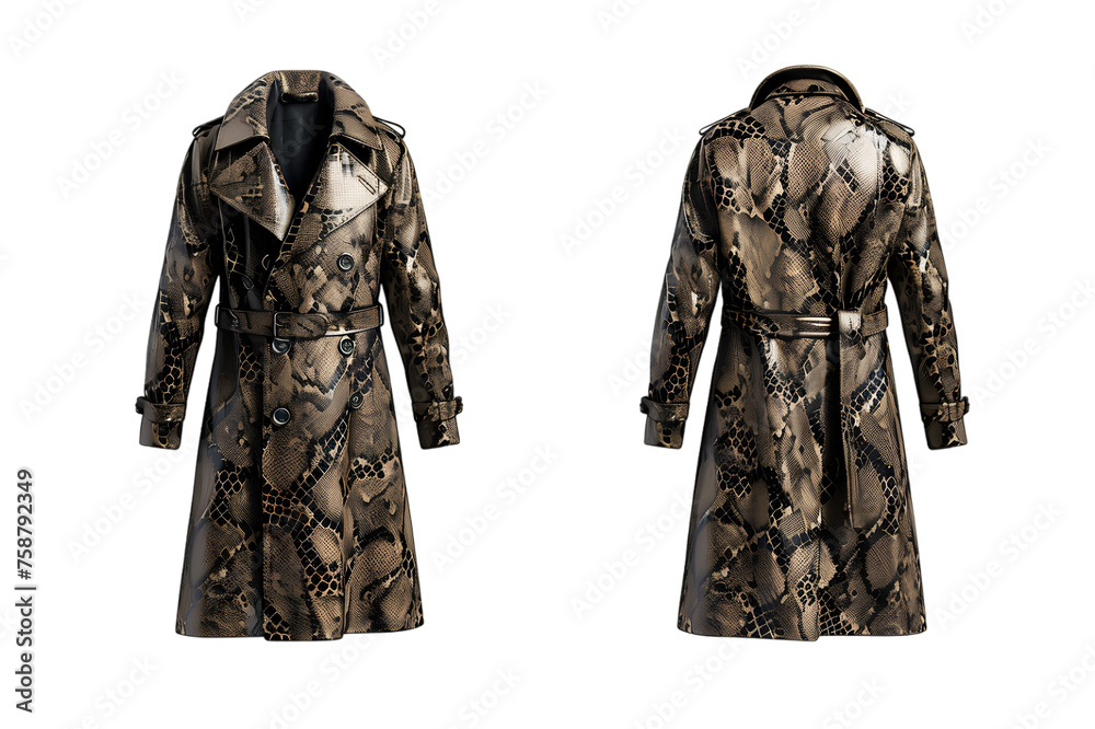 Front and back view of a faux snakeskin trench coat template. Bold ...