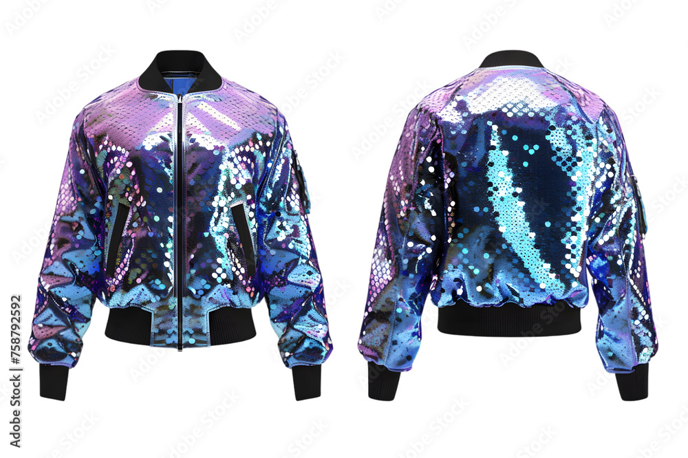 Front and back view of a reversible sequin bomber jacket template ...