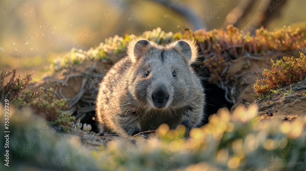 A small animal is peeking out of a hole in the ground. The animal is ...