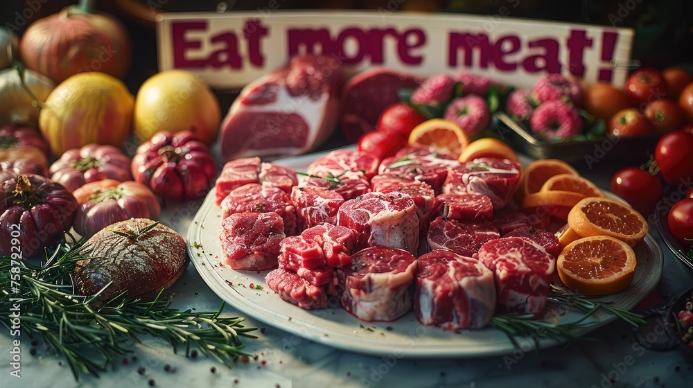 various fresh meats accompanied by a bold sign proclaiming Eat more ...