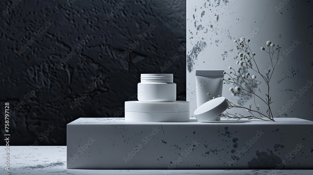 skin care product and props in the frame. A table or podium, flowers or ...