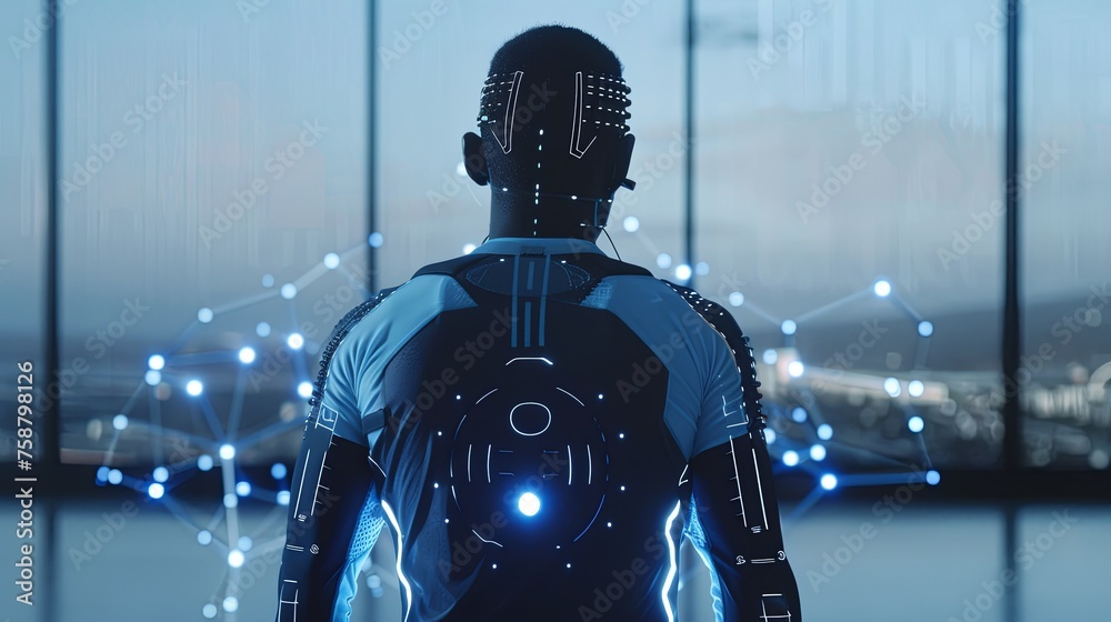 Futuristic Athlete in Motion Tracking Suit The back view of an athlete ...