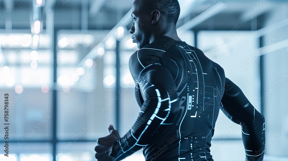 Athlete in High-Tech Performance Tracking Suit Side view of a focused ...